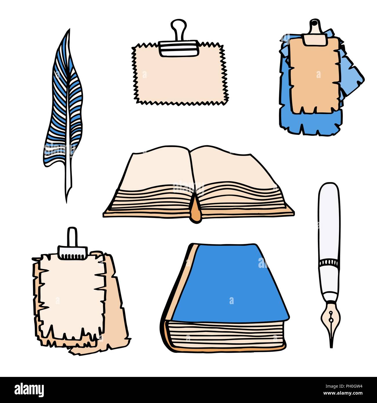 Hand Drawn Illustrations of Set Books and pen. Doodle vector ...