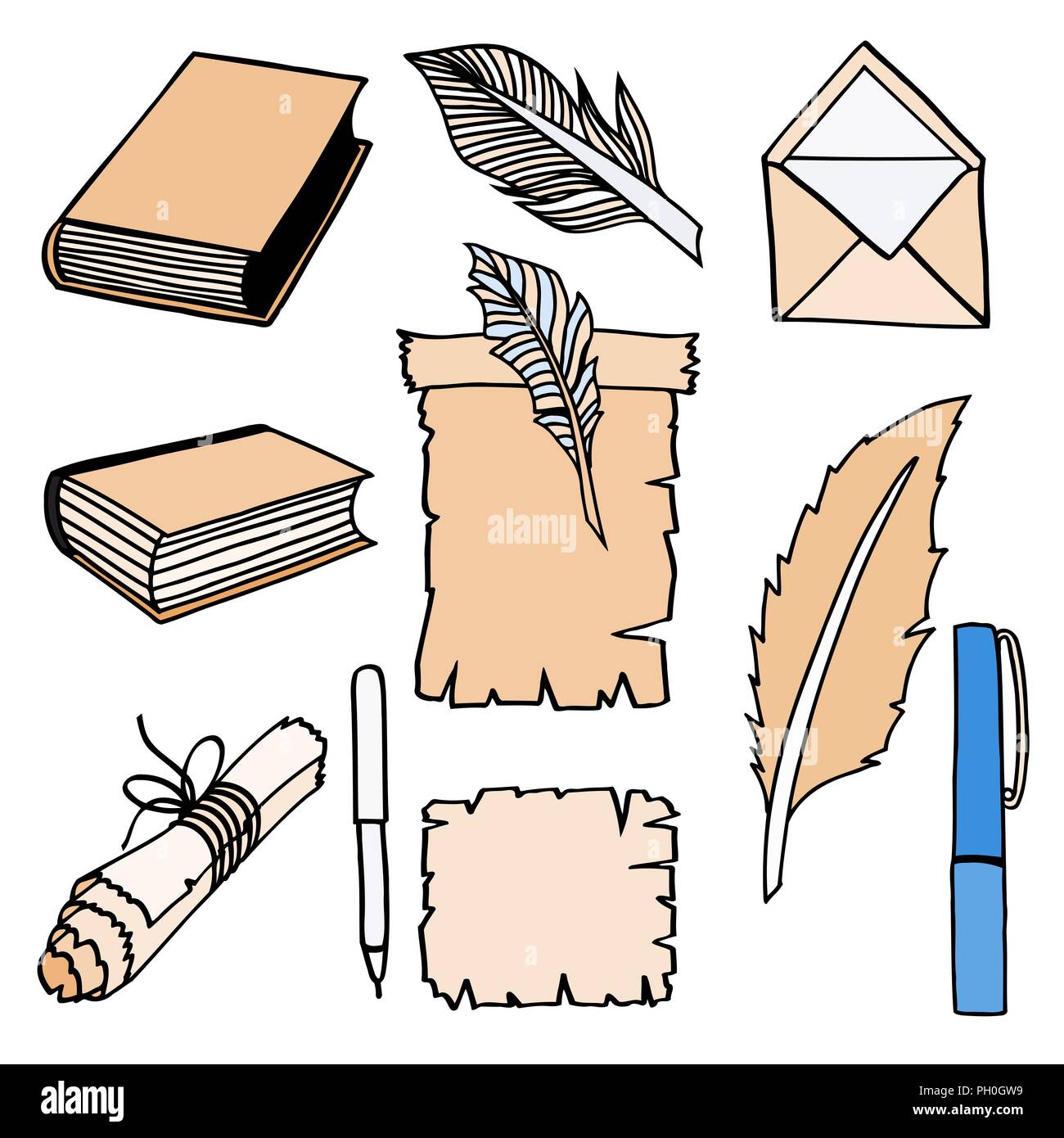 Hand Drawn Illustrations of Set Books and pen. Doodle vector ...