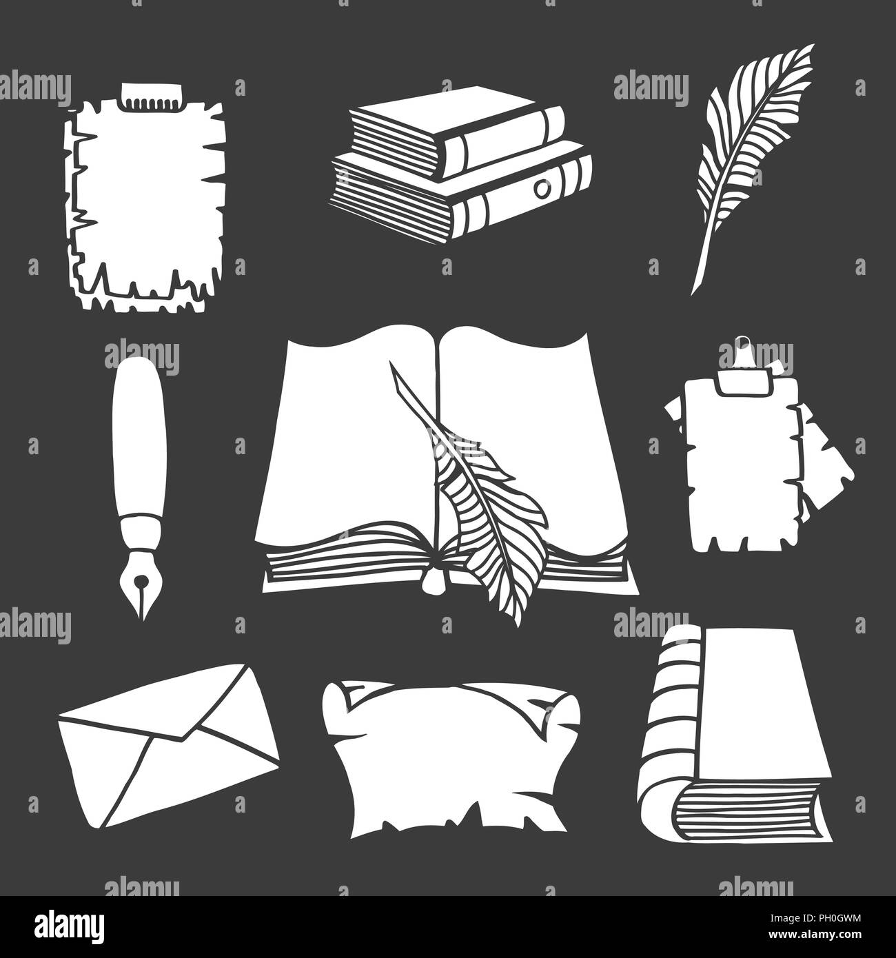 Hand Drawn Illustrations of Big Set Books and pen. Doodle vector ...