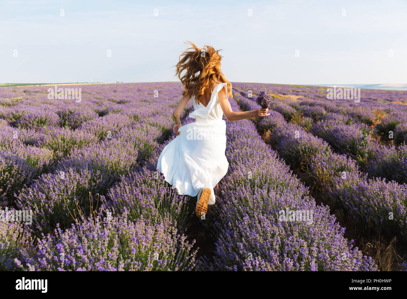 Back view of a pretty young girl in dress running at the lavender field ...