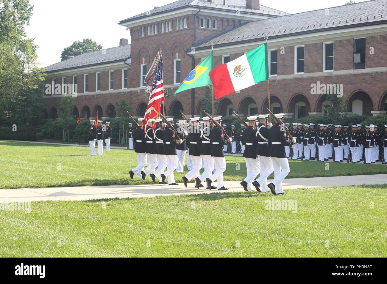 Marines with the U.S. Marine Color Guard post the Colors during a Troop ...