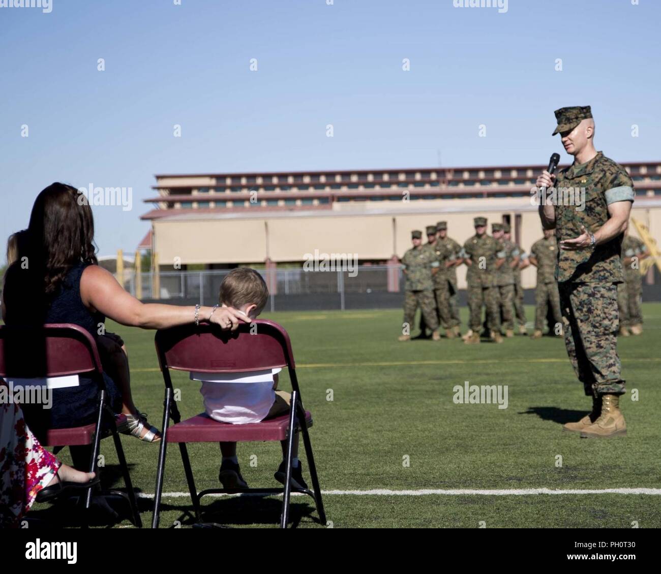 U.S. Marine Corps Lt. Col Eric L. Geyer gives his first remarks as the ...