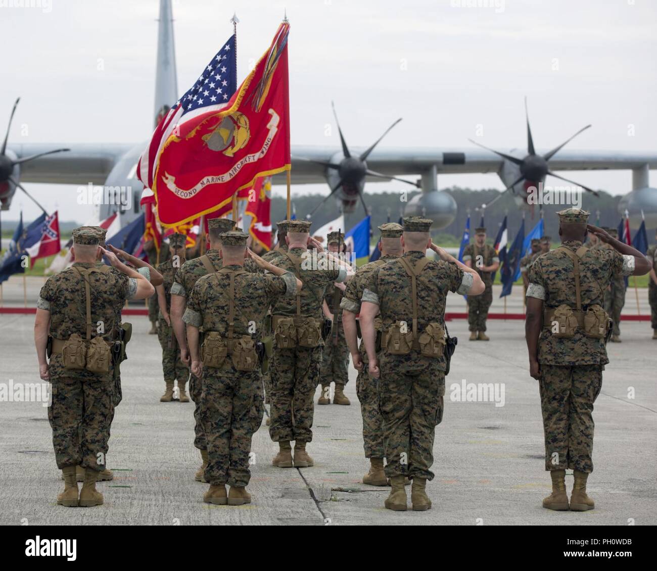 U.S. Marines with the 2nd Marine Aircraft Wing (MAW) salute during a ...