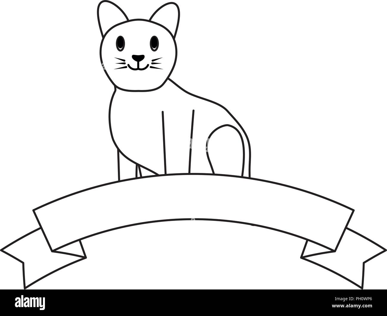 decorative ribbon and cute cat icon over white background, vector ...