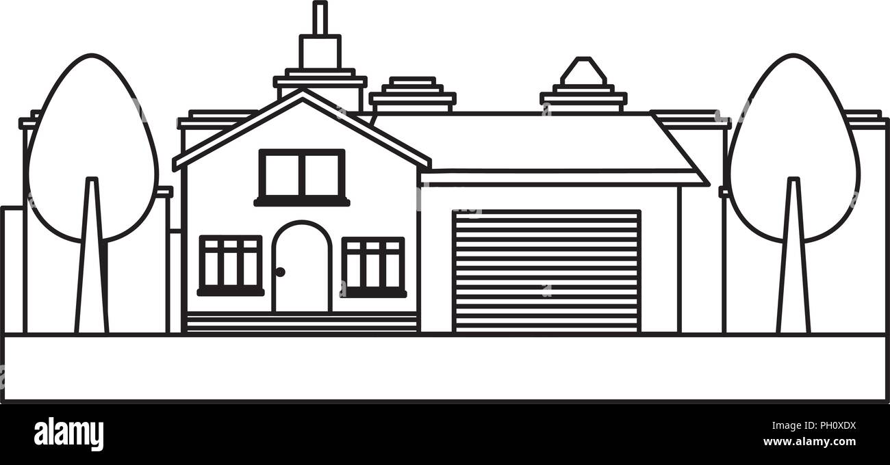 modern house and trees over city landscape and white background, vector ...