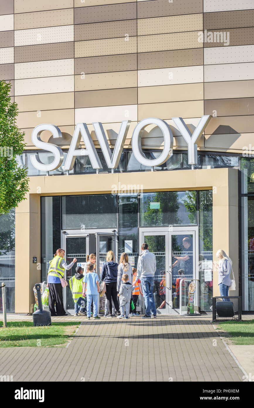 Morning visitors at the Savoy cinema, Corby town centre, England Stock ...