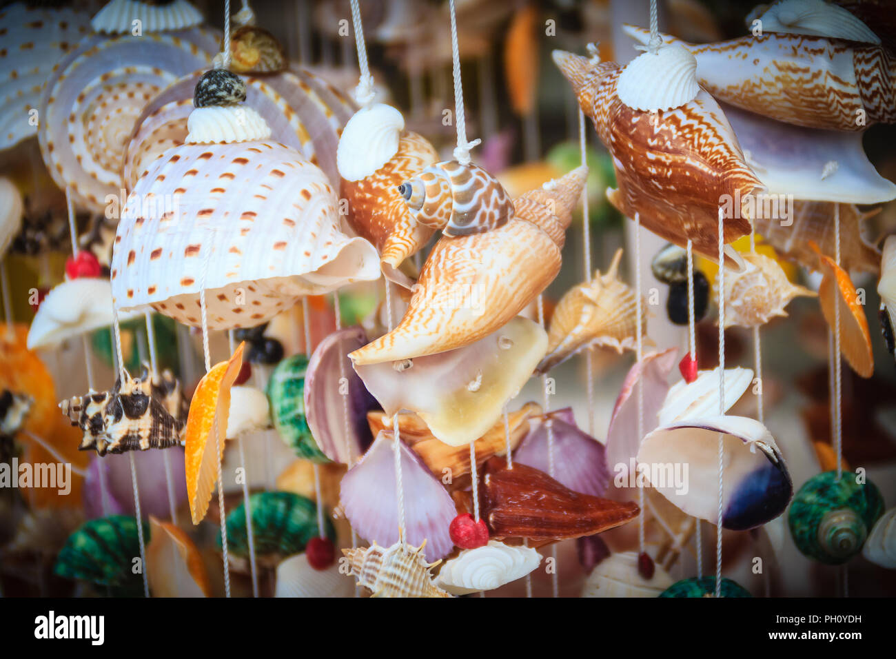 Beautiful seashell mobile hanging in the shop for sale. Handicrafts ...