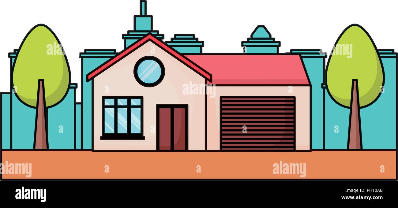 modern house and trees over city landscape and white background, vector ...