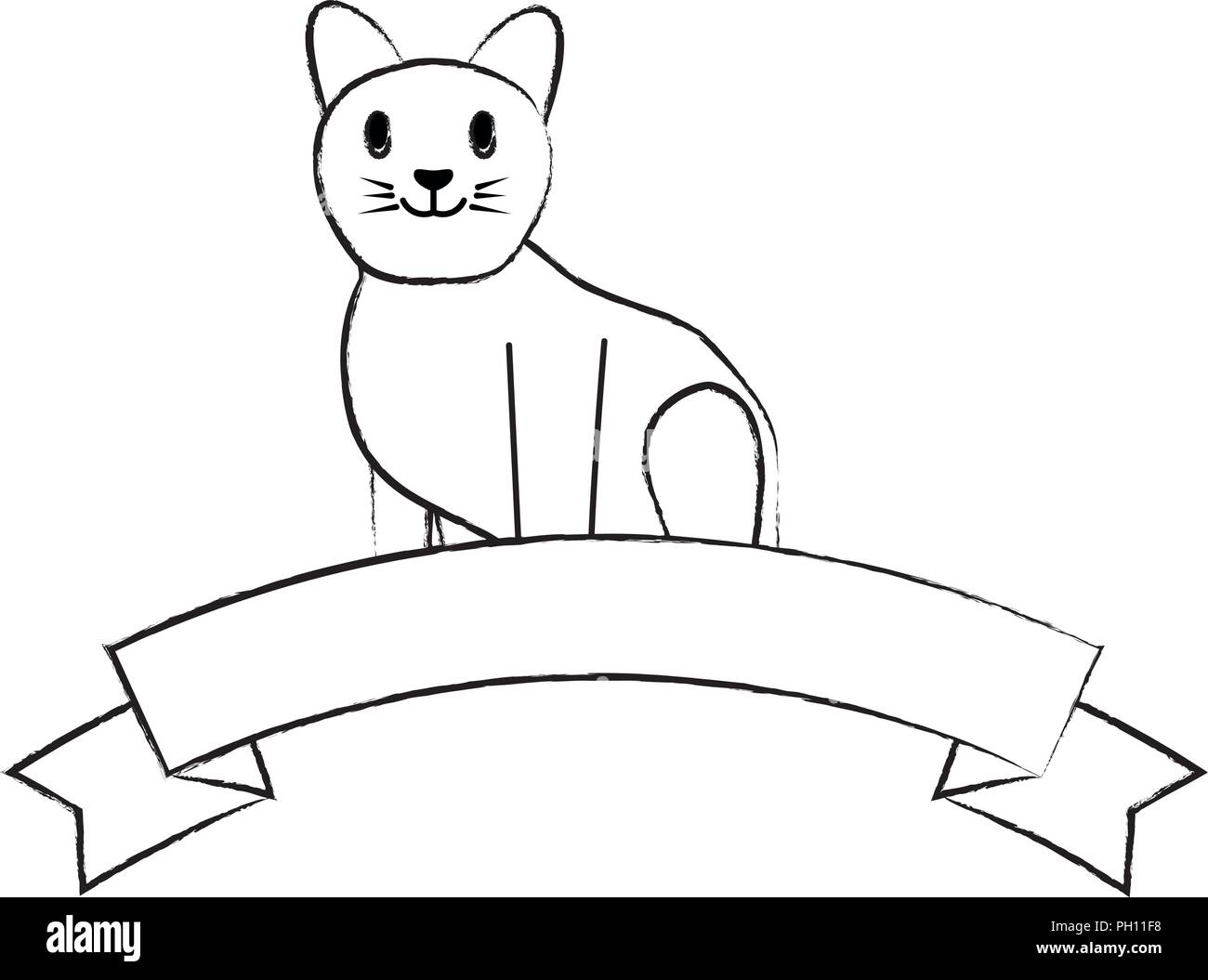 decorative ribbon and cute cat icon over white background, vector ...