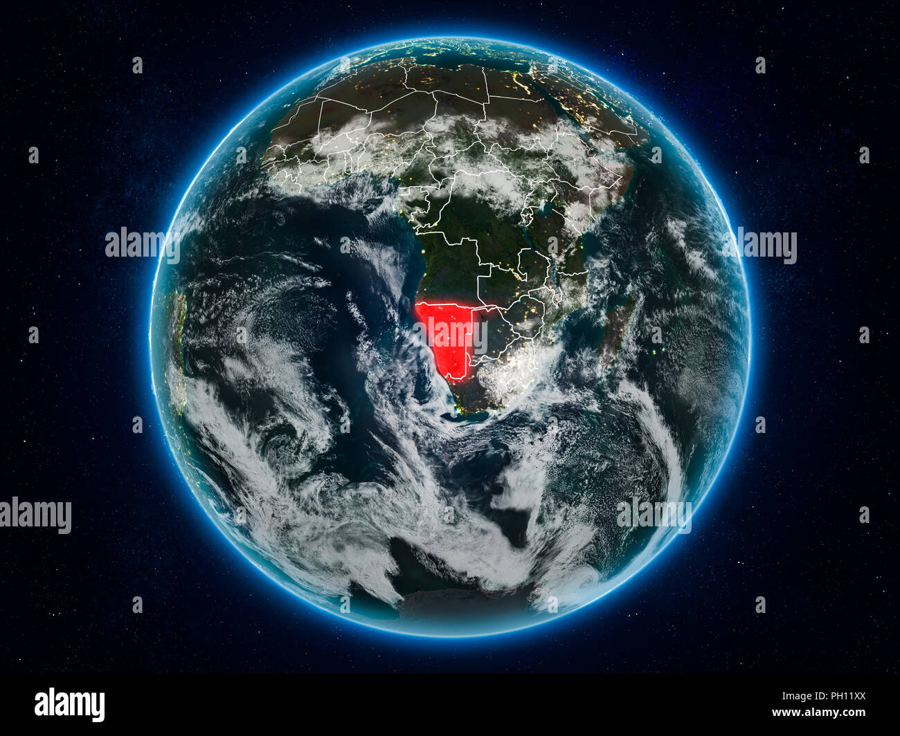 Namibia from space on planet Earth at night with visible country ...