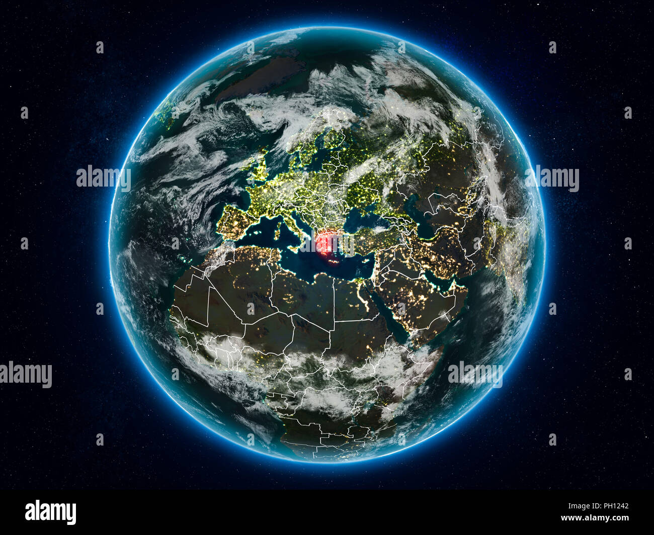 Greece from space on planet Earth at night with visible country borders ...