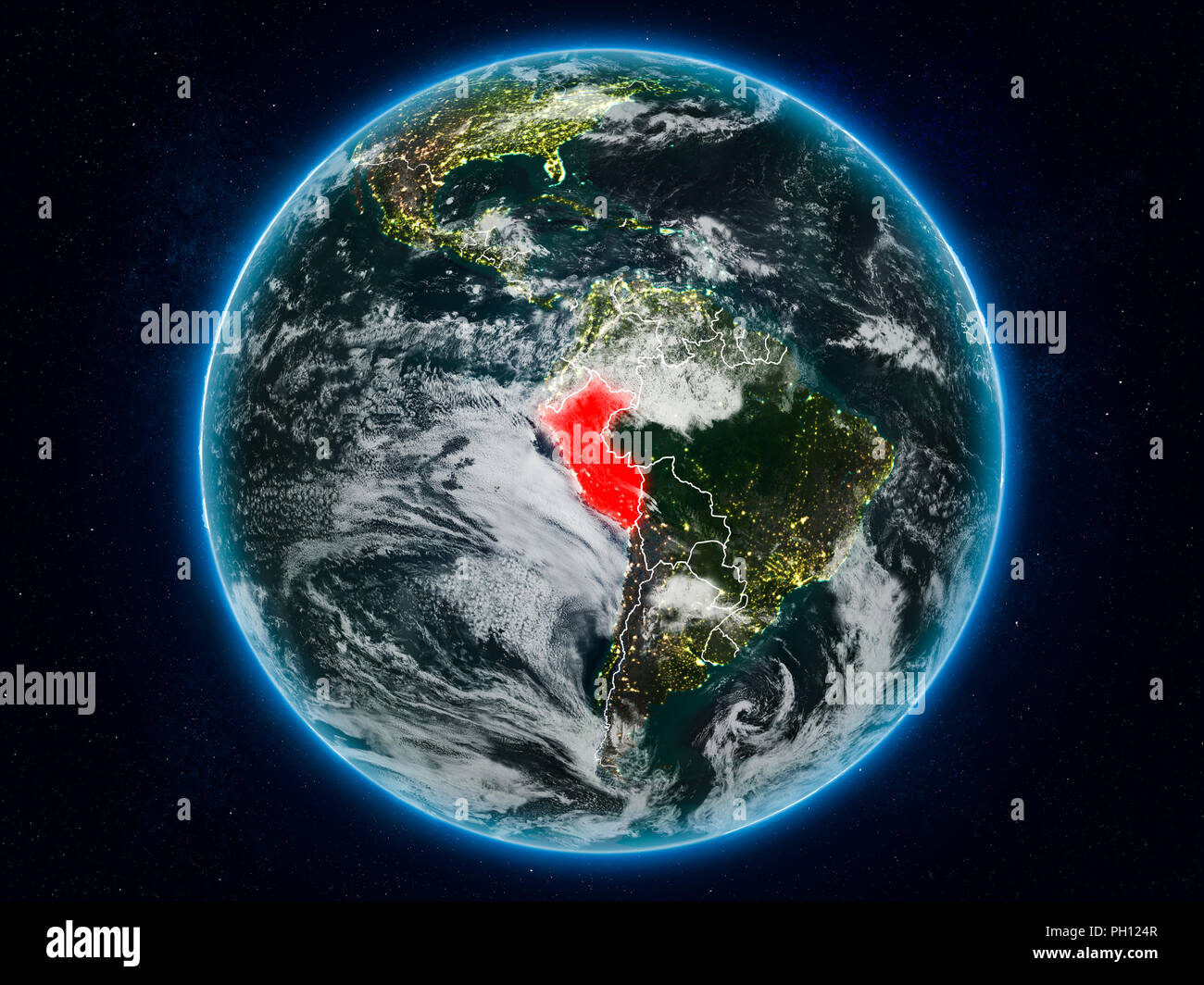 Peru from space on planet Earth at night with visible country borders ...