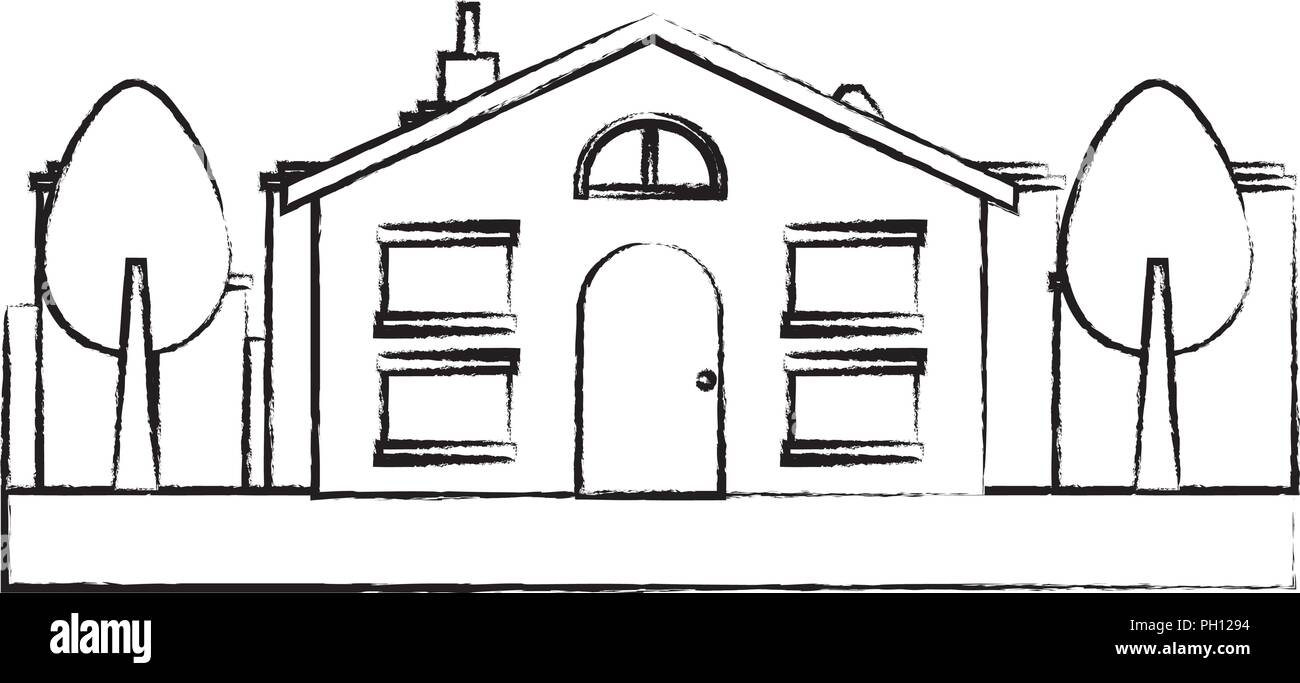 modern house and trees over city landscape and white background, vector ...