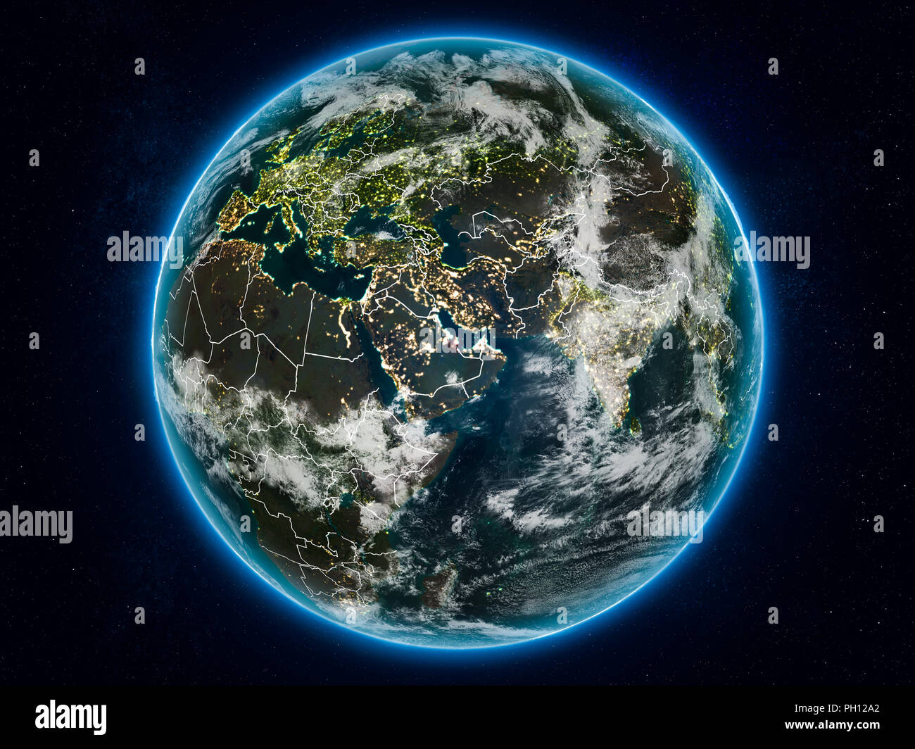 Qatar from space on planet Earth at night with visible country borders ...