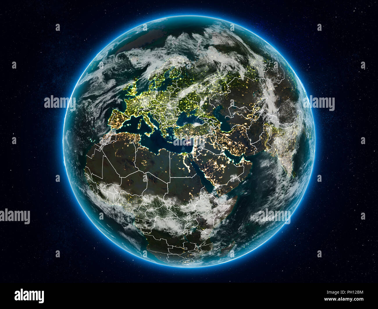 Cyprus from space on planet Earth at night with visible country borders ...