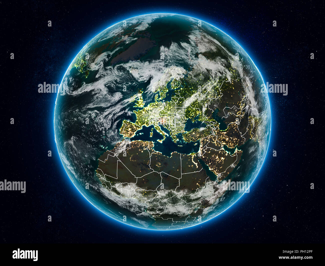Slovenia from space on planet Earth at night with visible country ...