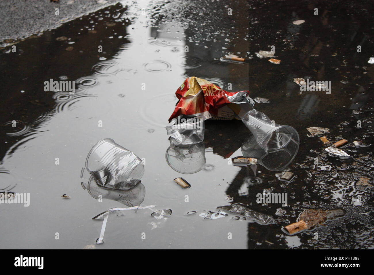Discarded rubbish lying in a puddle on a pavement Stock Photo - Alamy