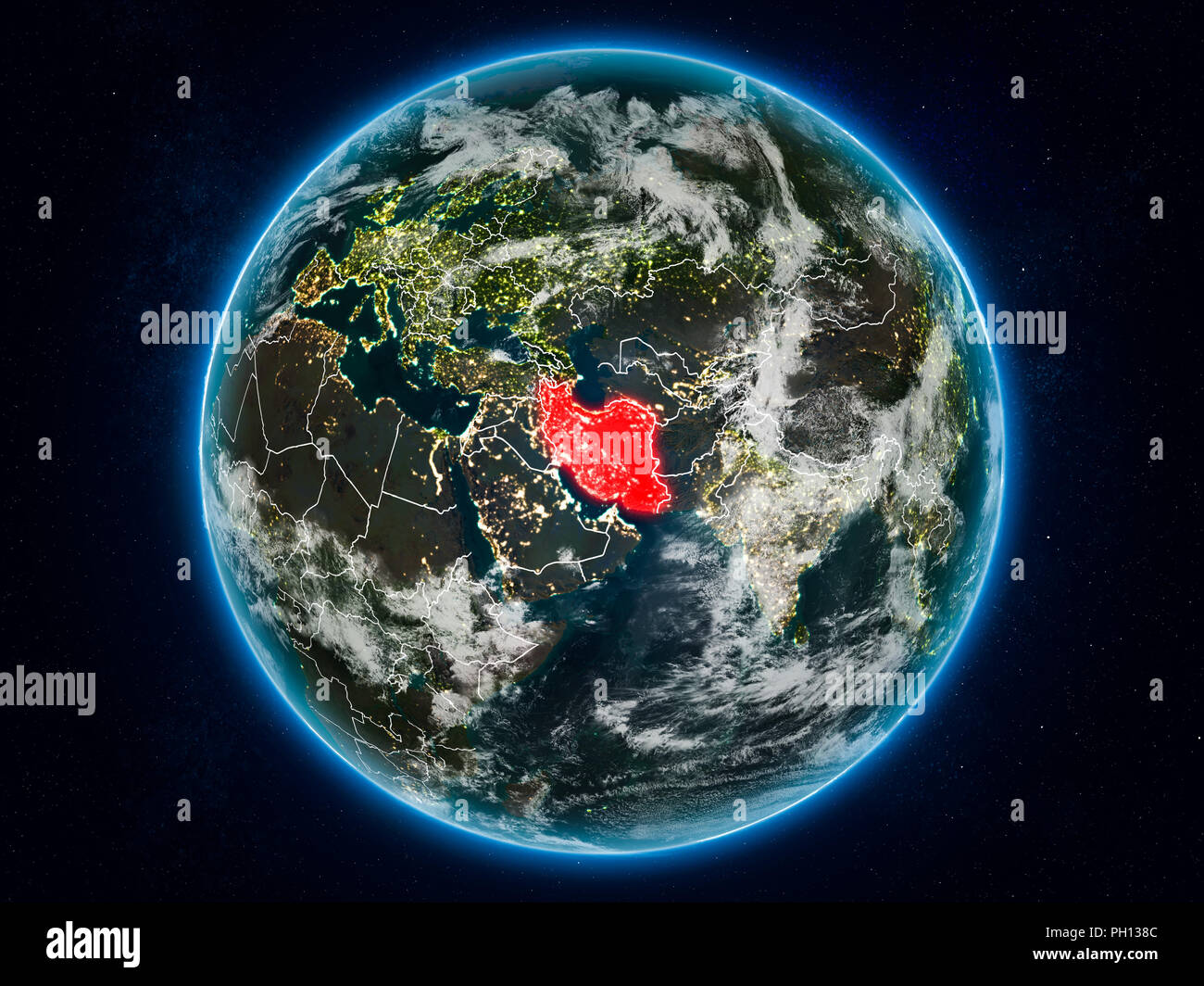 Iran from space on planet Earth at night with visible country borders ...