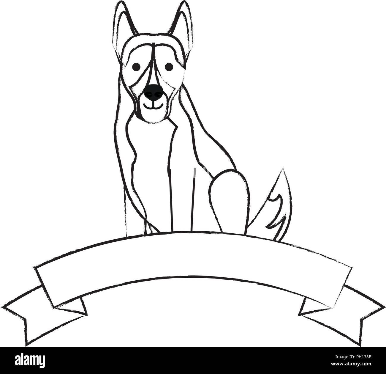 decorative ribbon with cute german shepherd dog icon over white ...