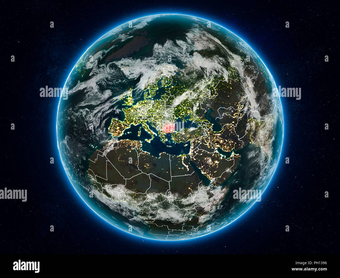 Bulgaria from space on planet Earth at night with visible country ...