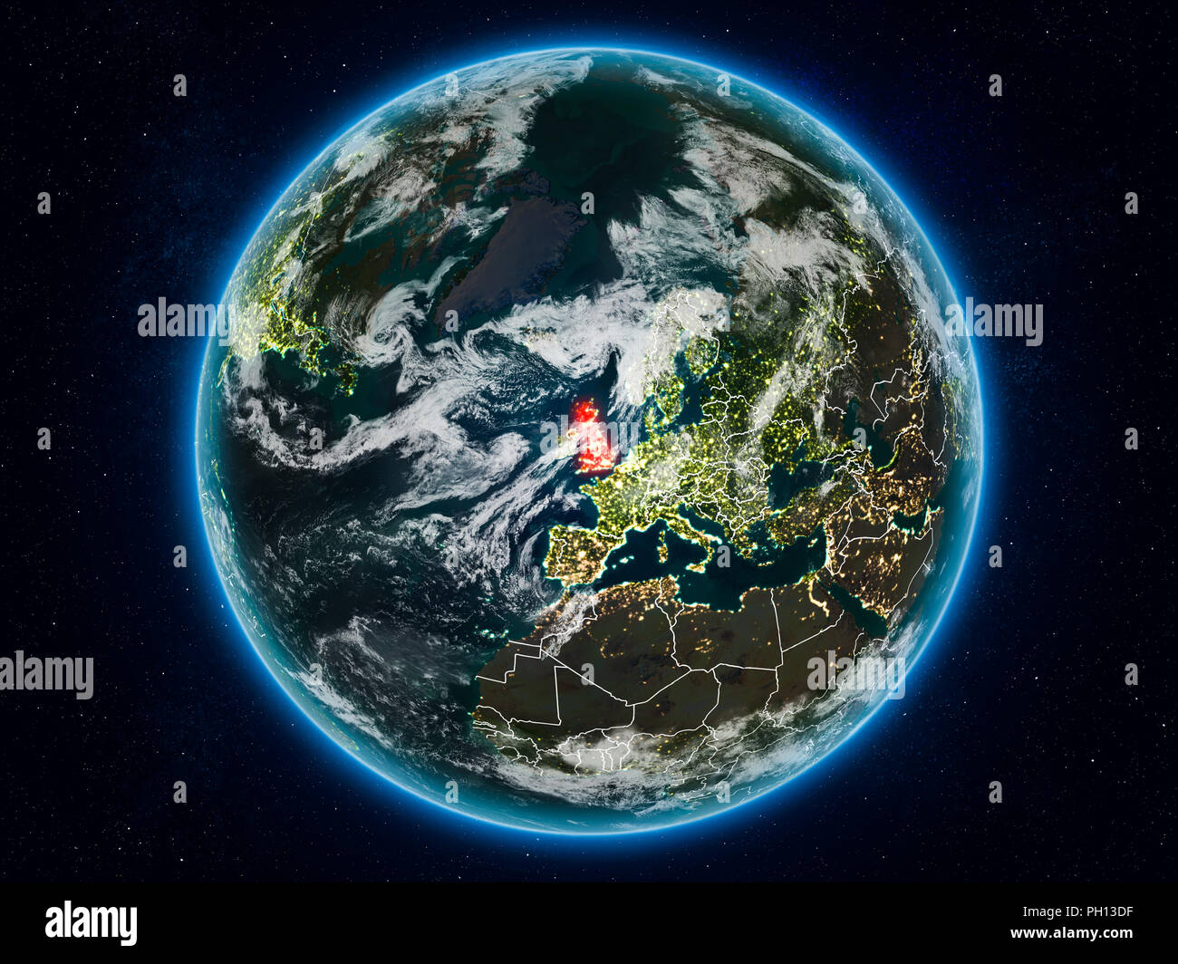 United Kingdom from space on planet Earth at night with visible country ...