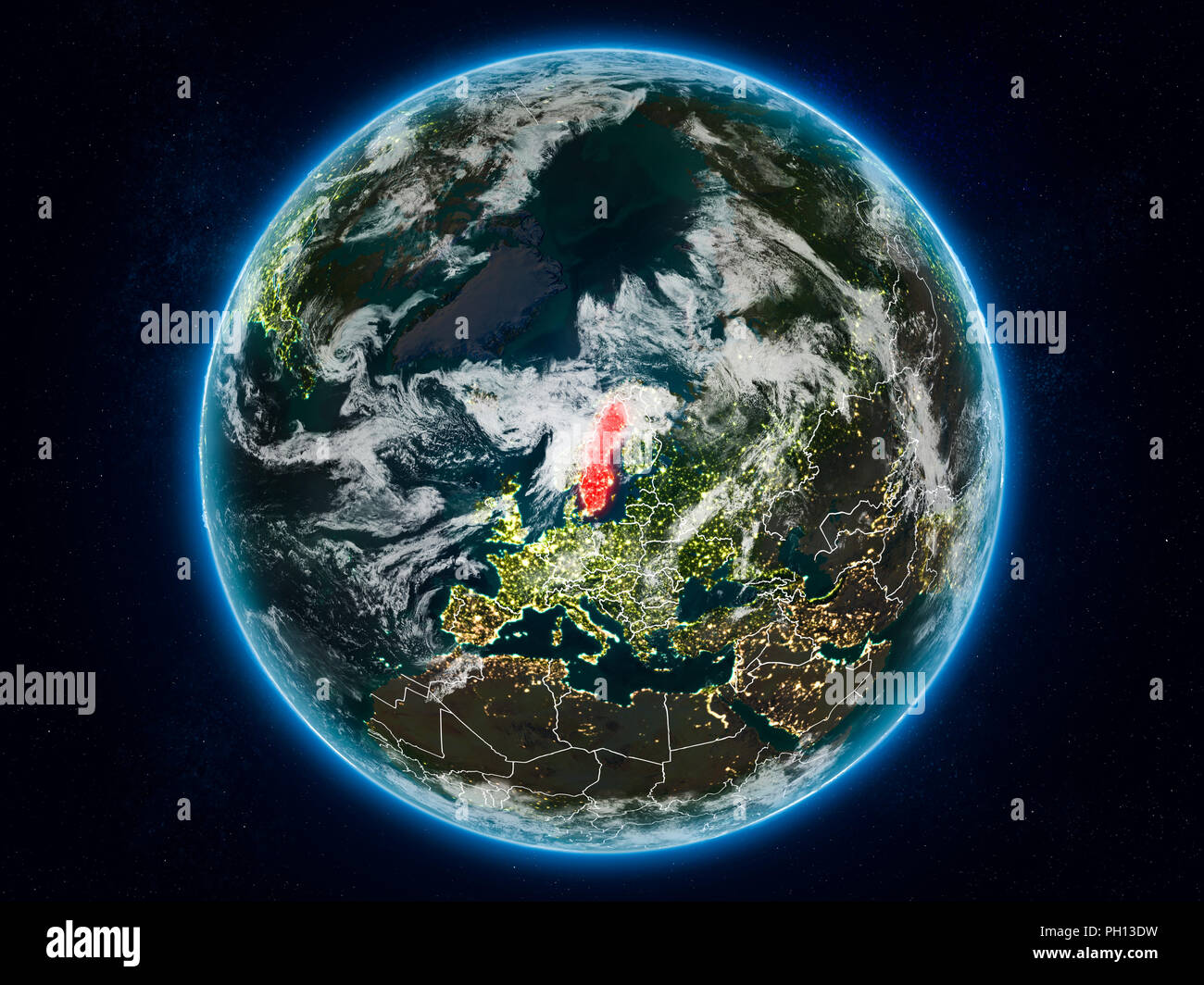 Sweden from space on planet Earth at night with visible country borders ...