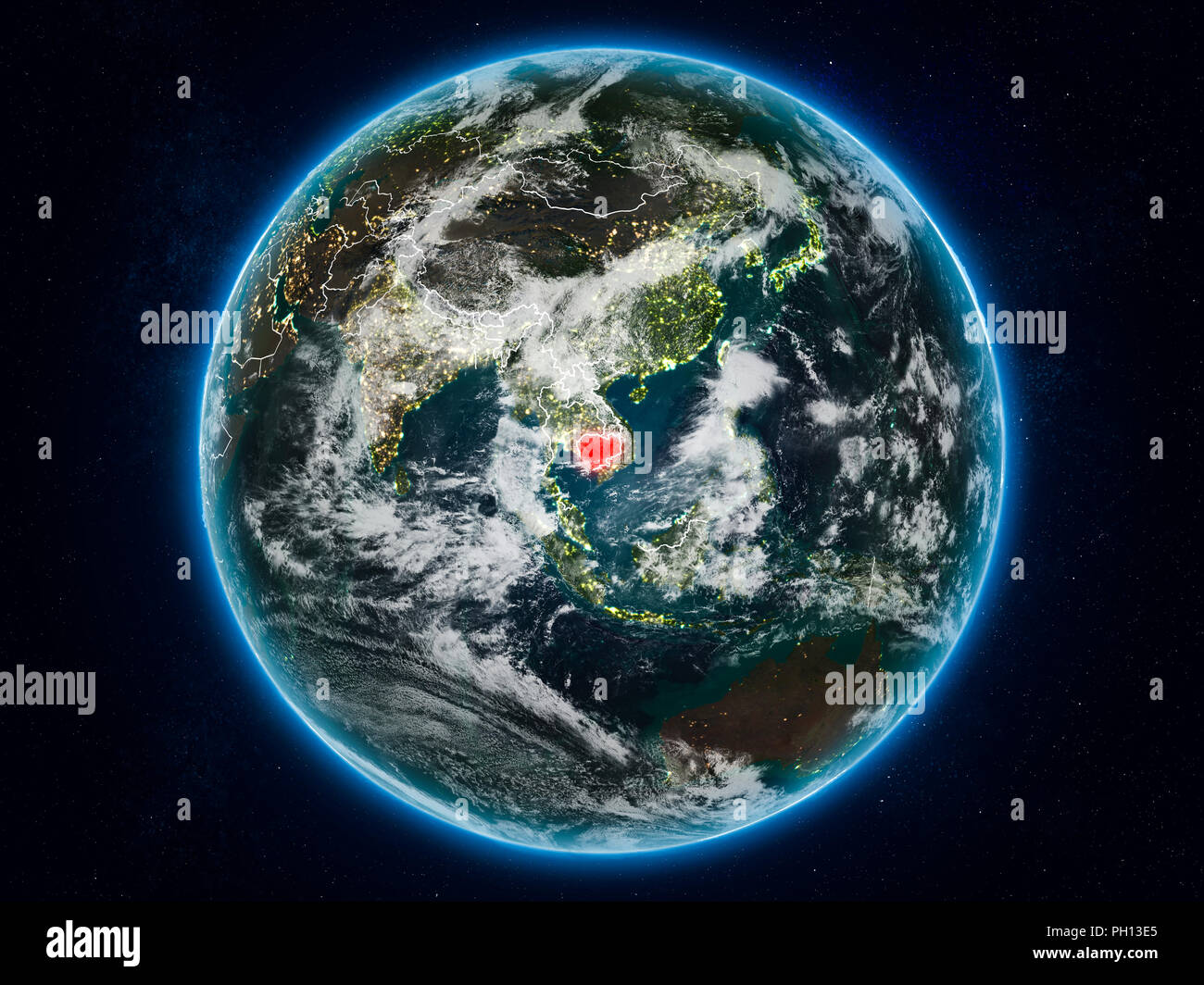 Cambodia from space on planet Earth at night with visible country ...