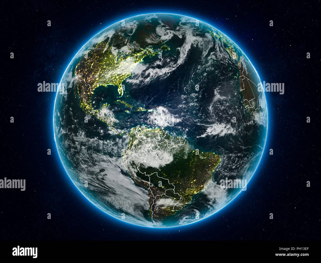 Caribbean from space on planet Earth at night with visible country ...