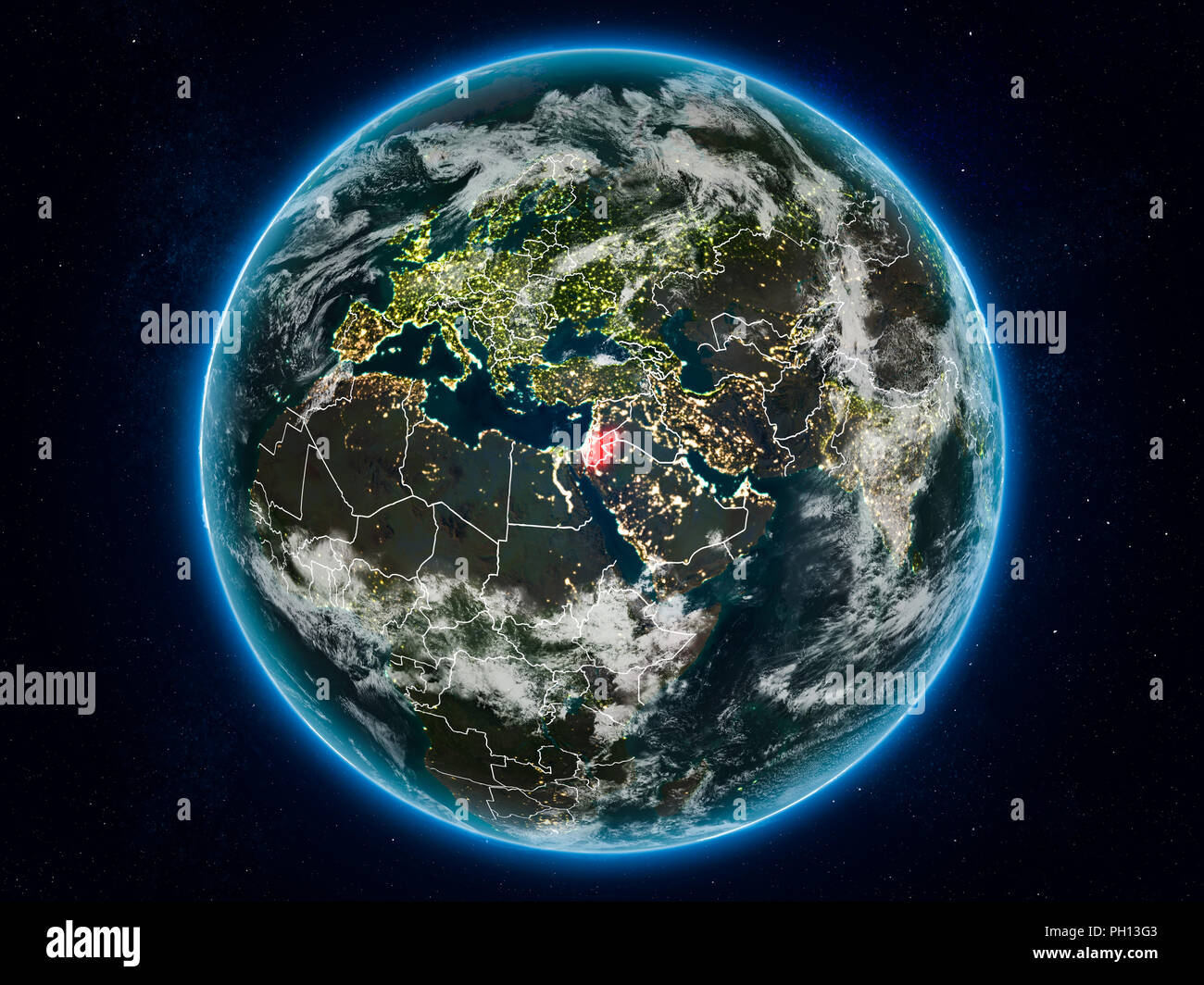 Jordan from space on planet Earth at night with visible country borders ...