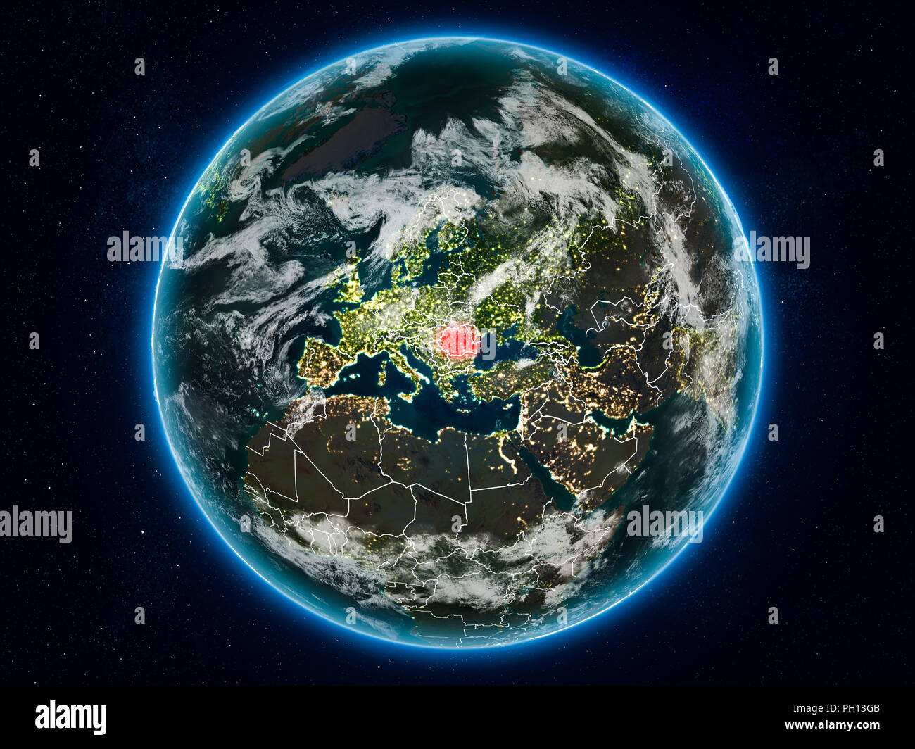 Romania from space on planet Earth at night with visible country ...