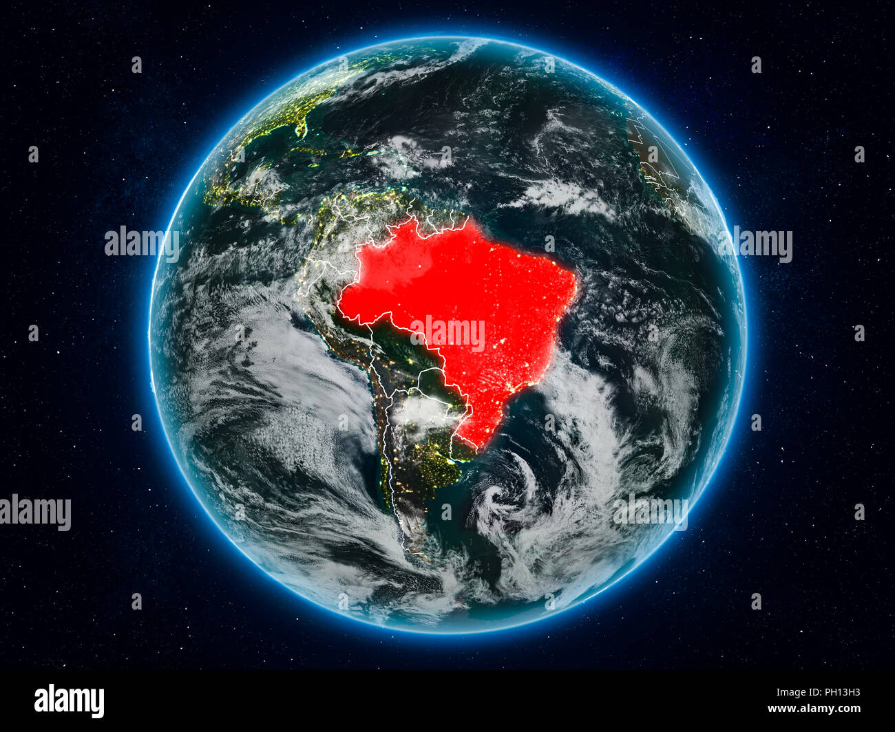 Brazil from space on planet Earth at night with visible country borders ...