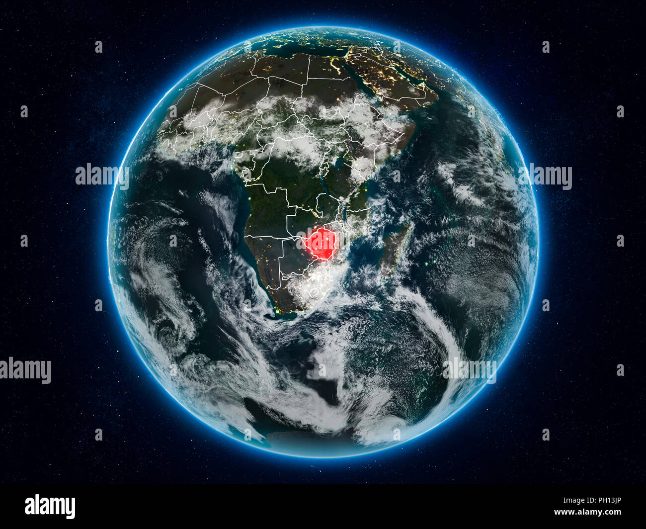 Zimbabwe from space on planet Earth at night with visible country ...