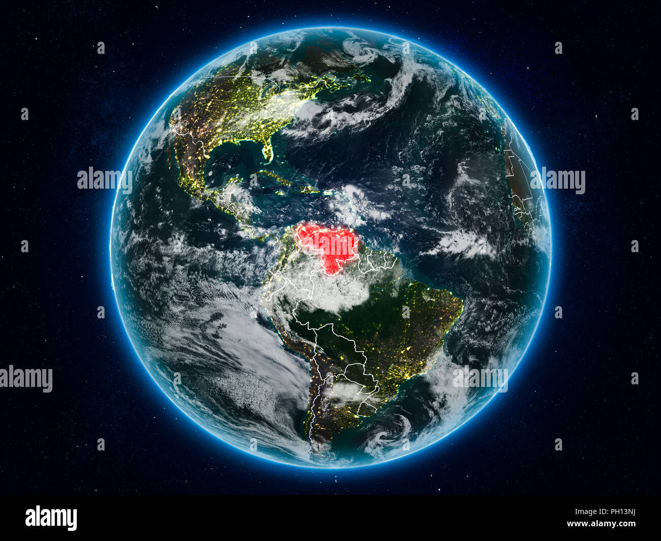 Venezuela from space on planet Earth at night with visible country ...
