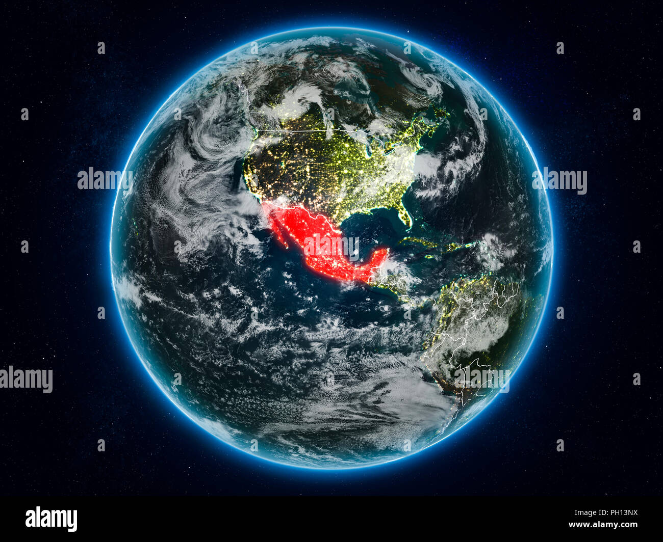 Mexico from space on planet Earth at night with visible country borders ...