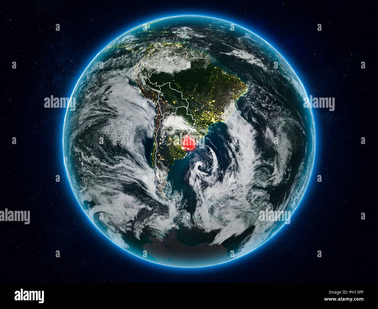 Uruguay from space on planet Earth at night with visible country ...