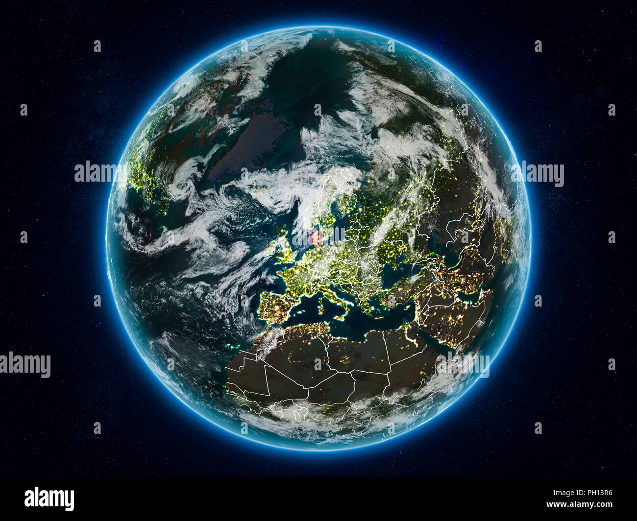 Denmark from space on planet Earth at night with visible country ...