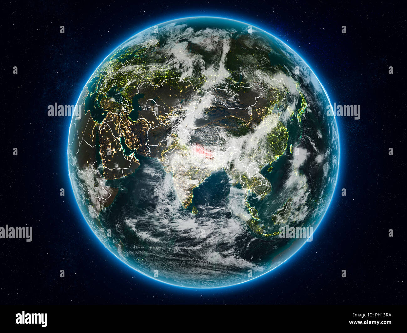 Nepal from space on planet Earth at night with visible country borders ...