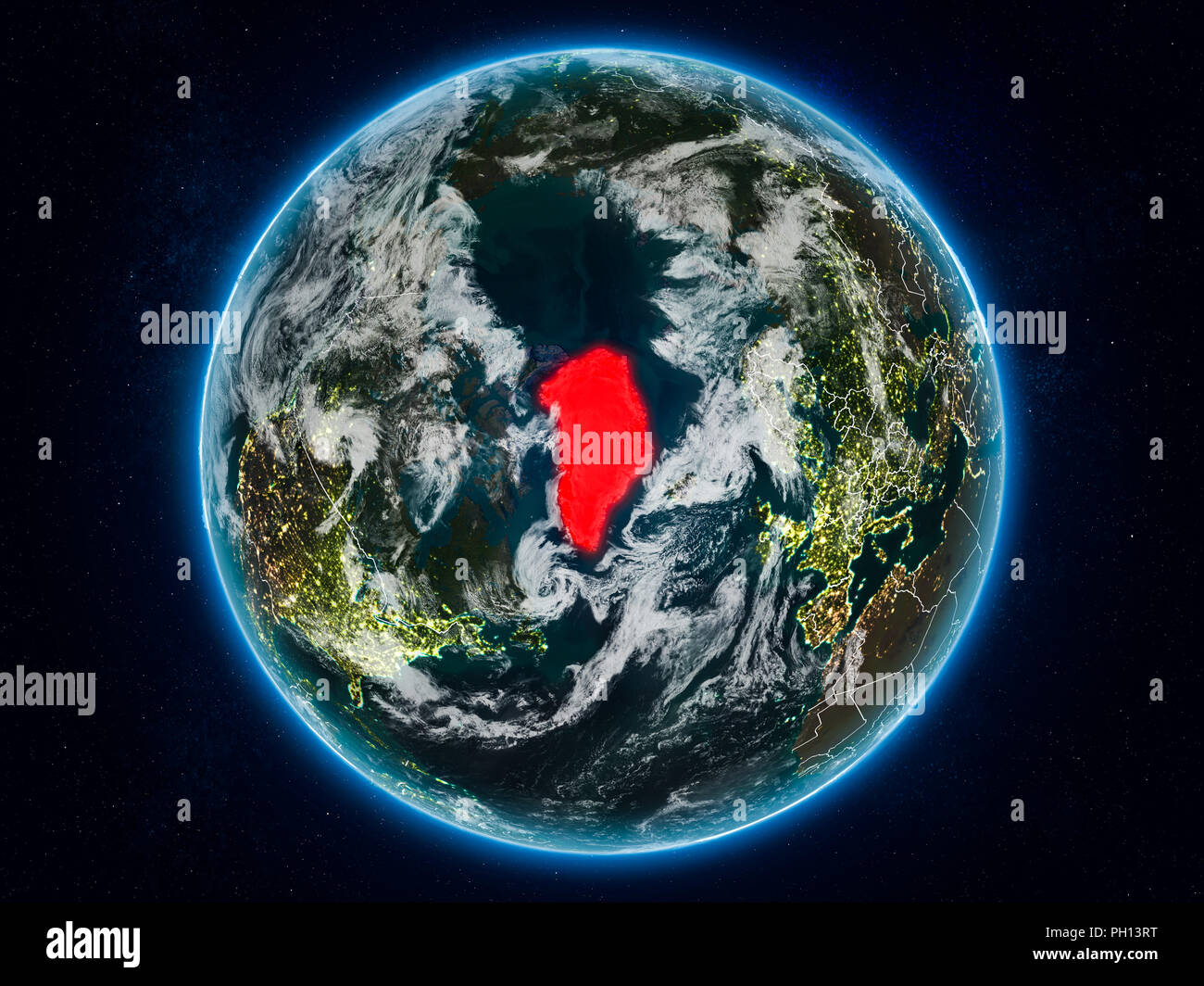 Greenland from space on planet Earth at night with visible country ...