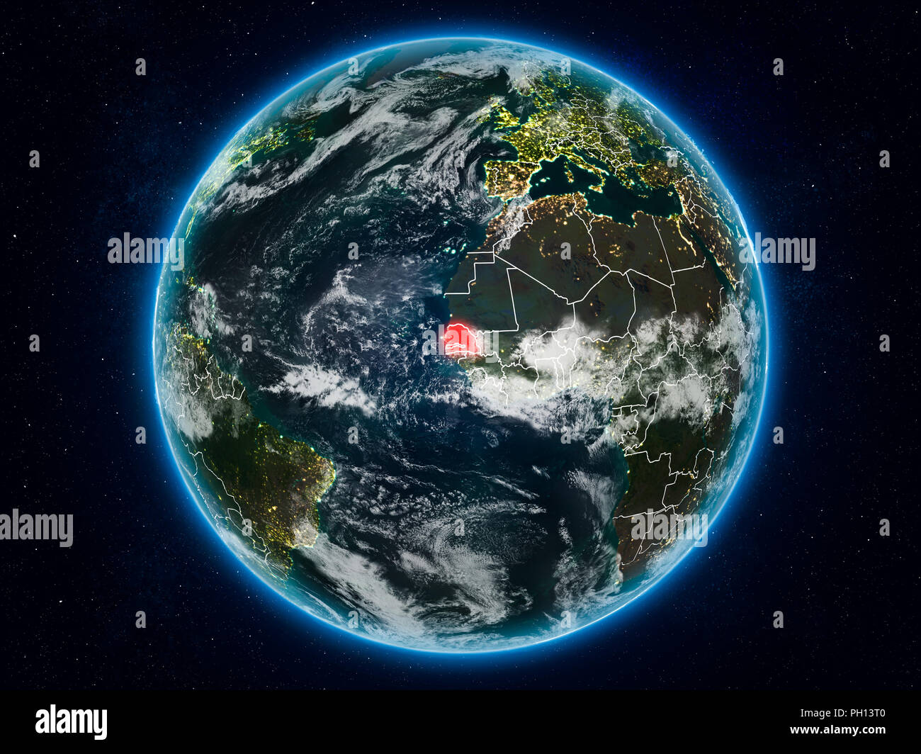 Senegal from space on planet Earth at night with visible country ...