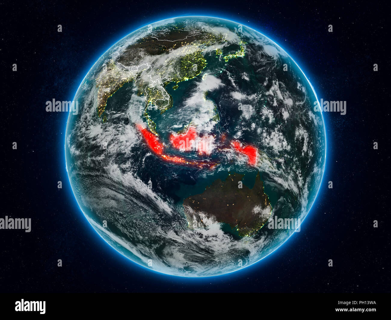 Indonesia from space on planet Earth at night with visible country ...