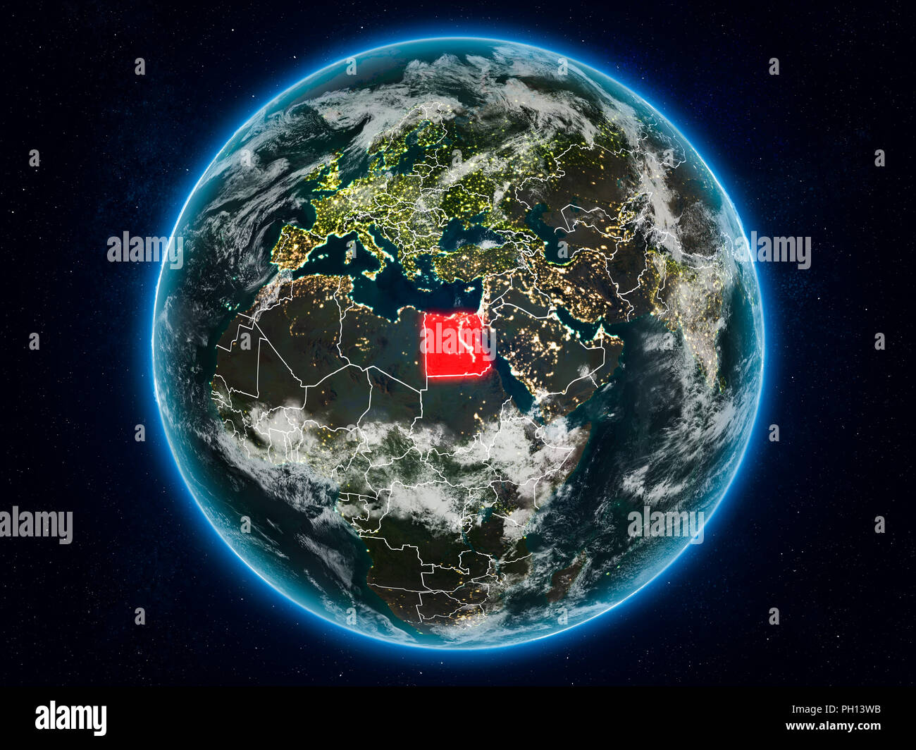 Egypt from space on planet Earth at night with visible country borders ...