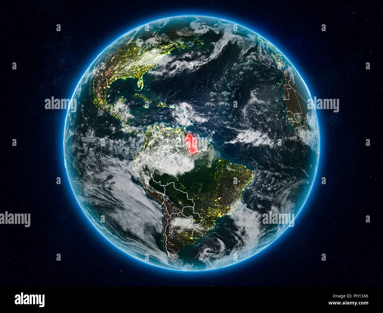 Guyana from space on planet Earth at night with visible country borders ...