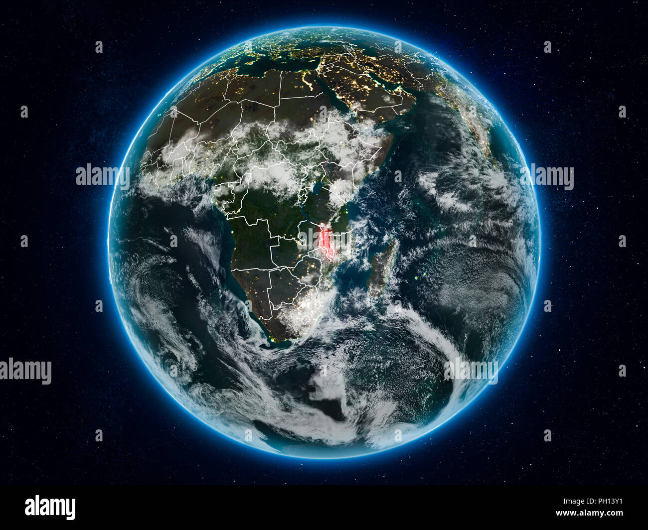 Malawi from space on planet Earth at night with visible country borders ...