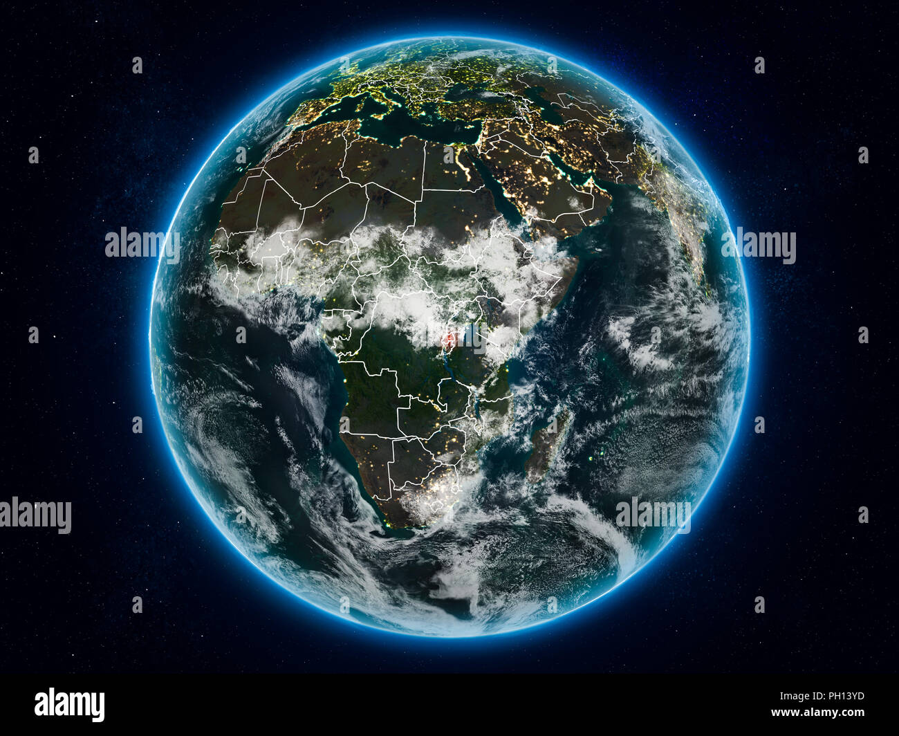 Rwanda from space on planet Earth at night with visible country borders ...