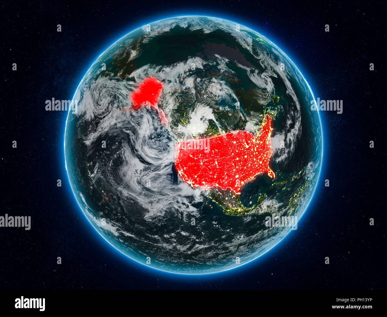 USA from space on planet Earth at night with visible country borders ...