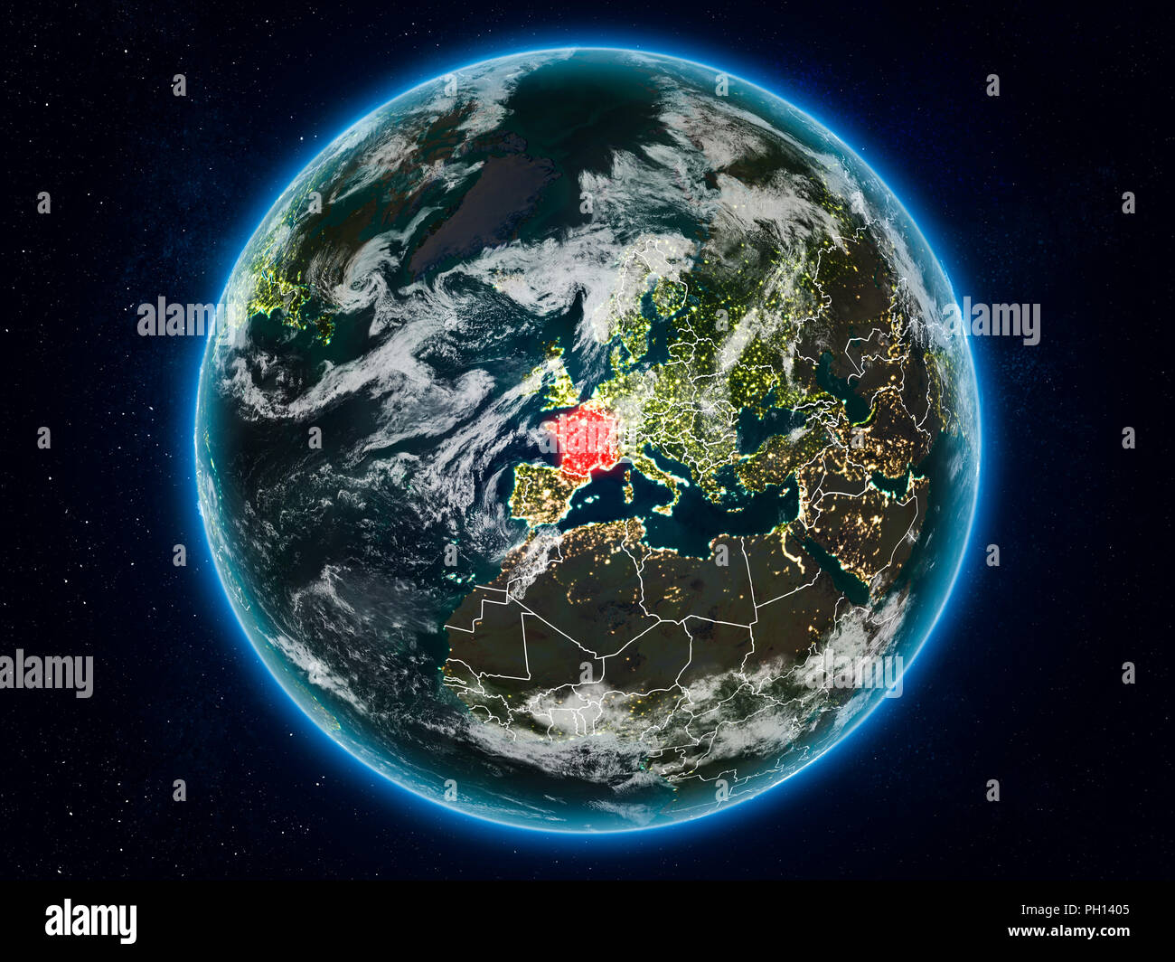 France from space on planet Earth at night with visible country borders ...