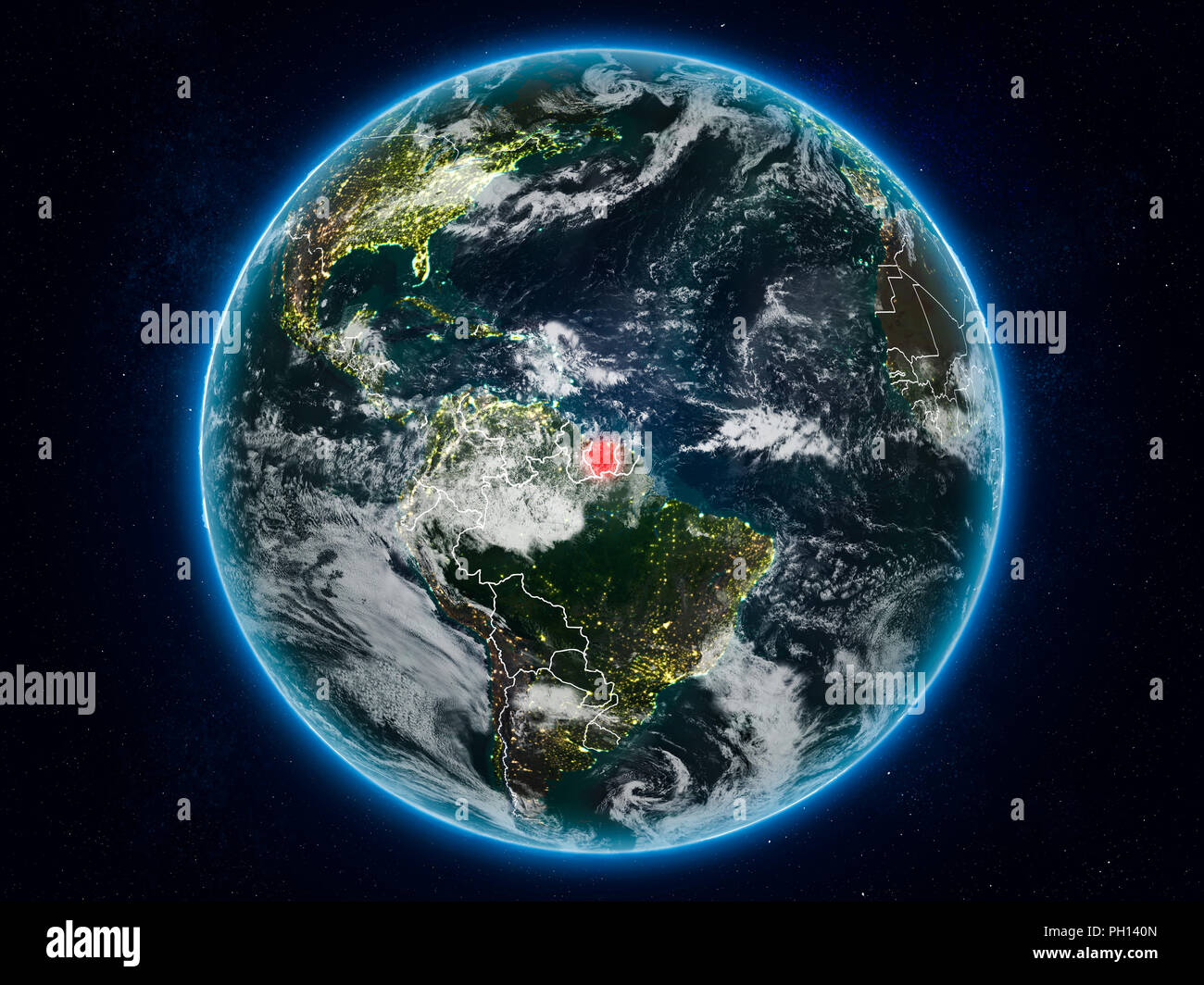 Suriname from space on planet Earth at night with visible country ...