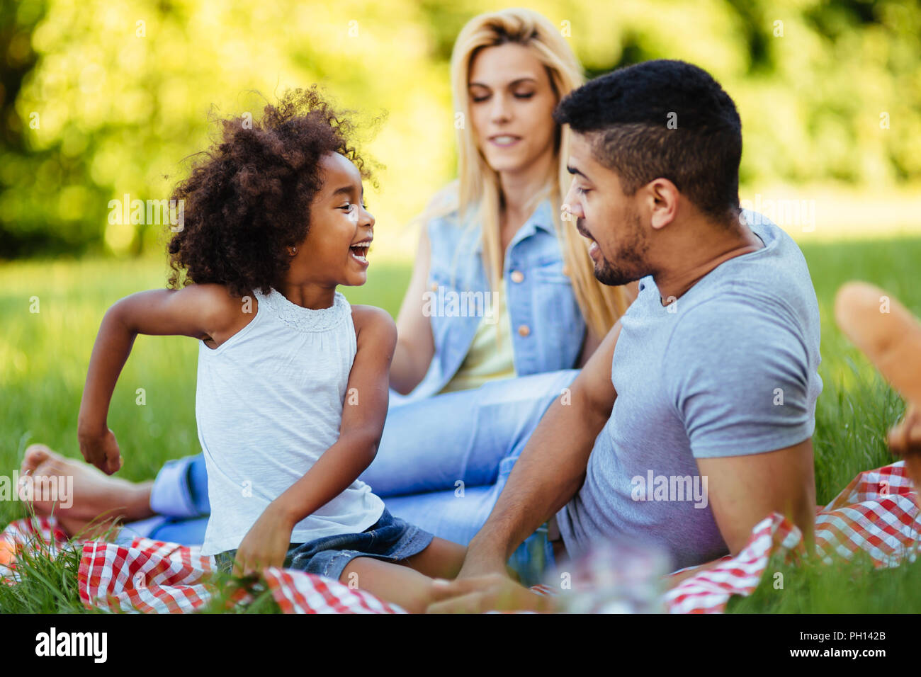 Happy family having fun time on picnic Stock Photo - Alamy
