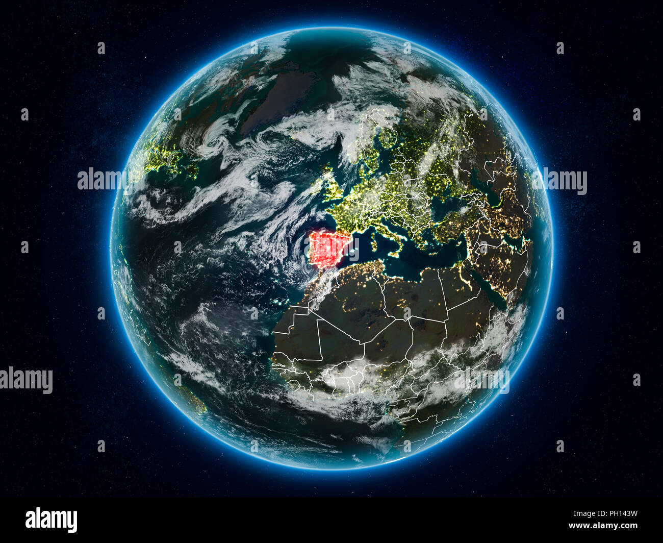 Spain from space on planet Earth at night with visible country borders ...
