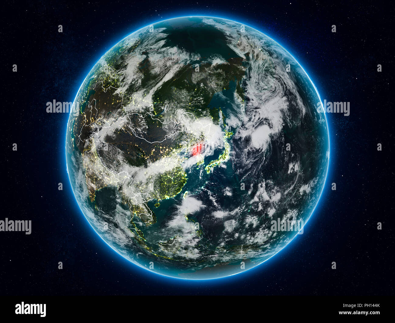 North Korea from space on planet Earth at night with visible country ...